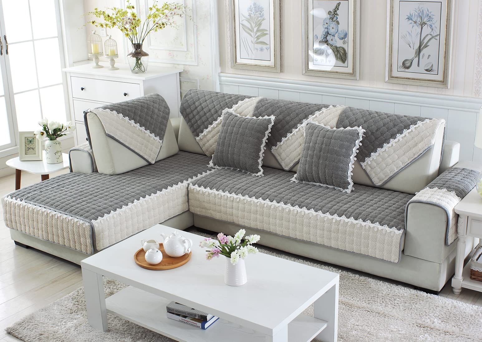 vctops Soft Corduroy Sofa Couch Cover, Plaid Sectional Couch Covers, Non-Slip Sofa Slipcover for Dogs Cats Kids(Light Grey,28"x28")