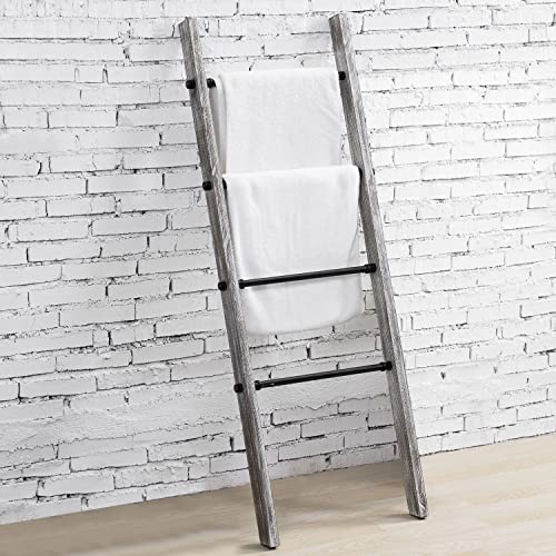MyGift 5 Foot Graywash Wood Blanket Ladder Wall Leaning Towel Rack with 4 Metal Rung, Farmhouse Home Storage Decor for Living Room, Bathroom, Bedroom