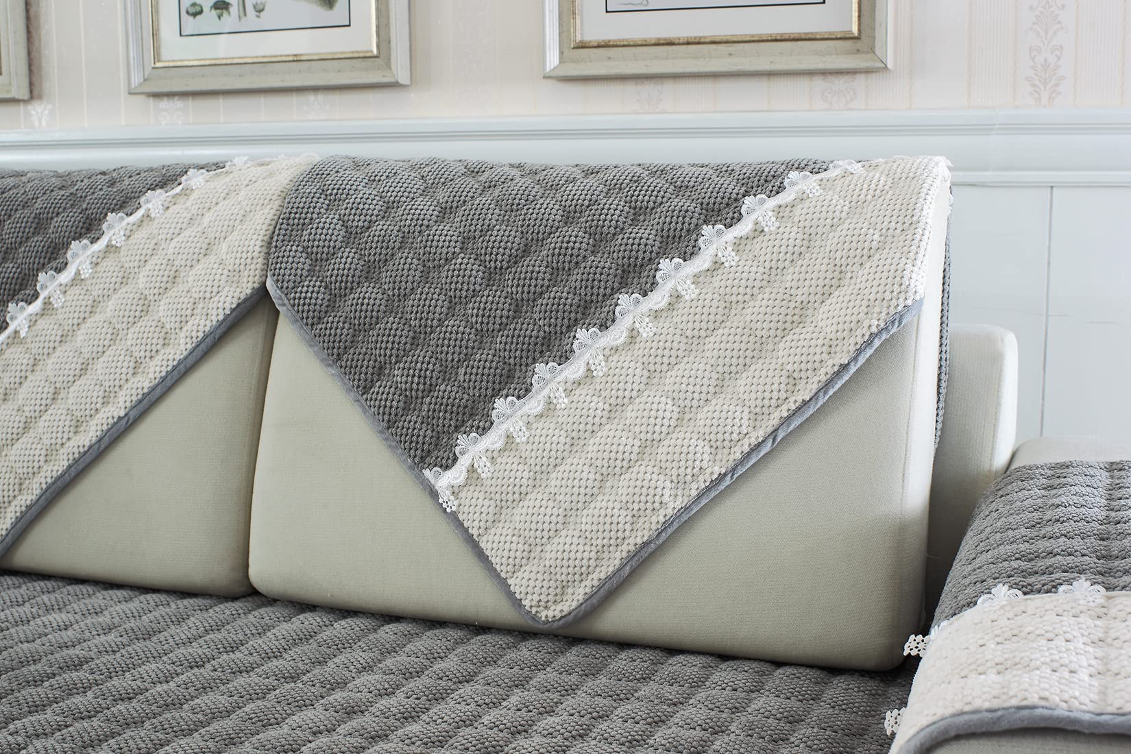 vctops Soft Corduroy Sofa Couch Cover, Plaid Sectional Couch Covers, Non-Slip Sofa Slipcover for Dogs Cats Kids(Light Grey,28"x28")