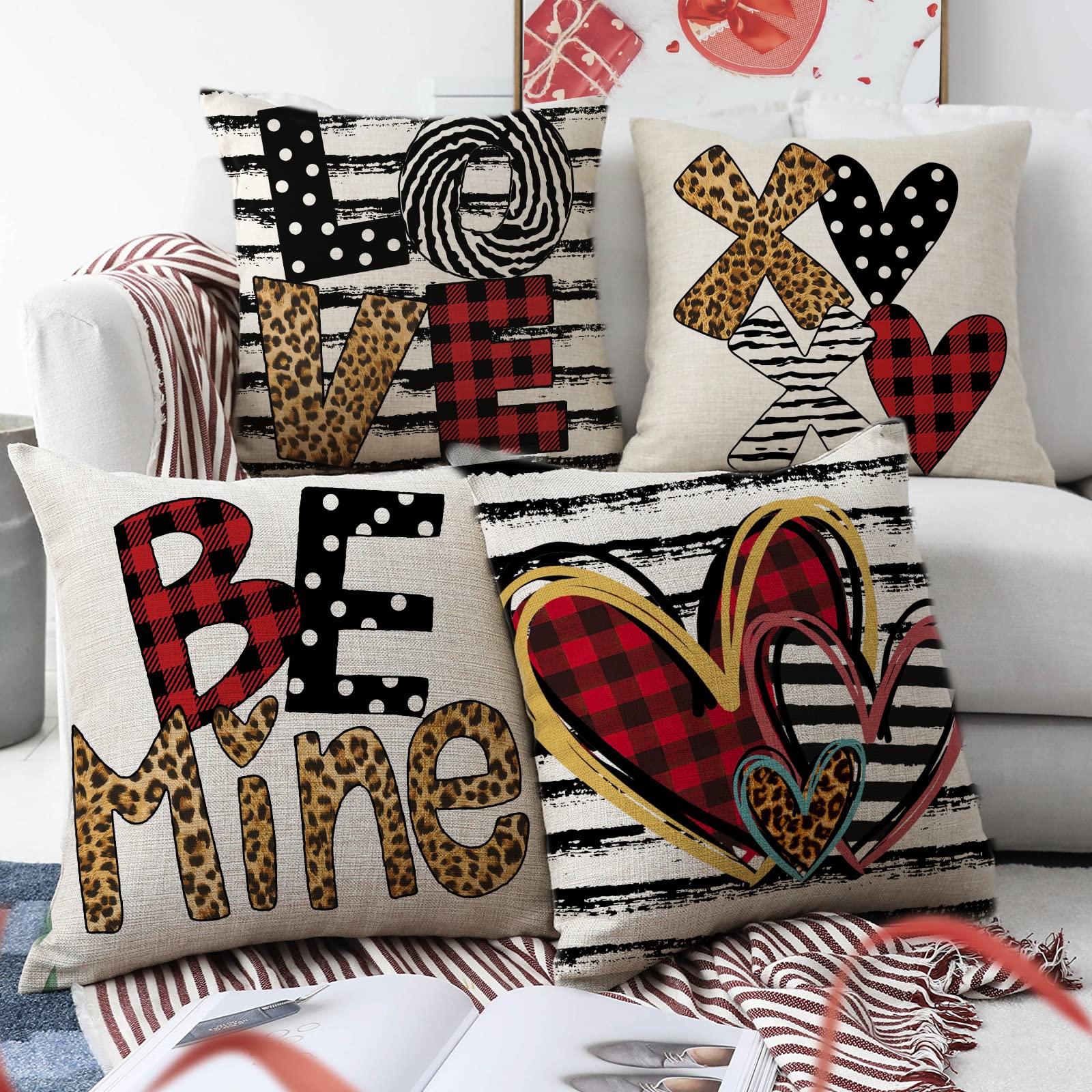 Fjfz Valentine's Day Decorative Throw Pillow Cover 18x18 Set of 4, Be Mine Love Leopard Red Buffalo Plaid Check Black Polka Dot Striped Anniversary Wedding Home Decor Farmhouse Cushion Case for Couch