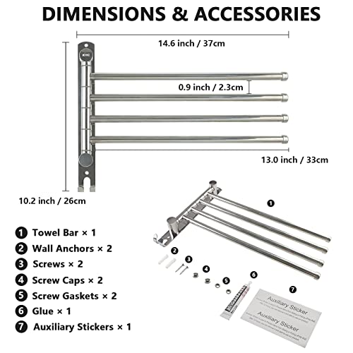 MOVNO Swing Out Towel Bar, 4-Arm Silver Wall Mounted Swivel Towel Rack with Hooks Rustproof, Towel Hanger Holder Storage Organizer for Bathroom Kitchen Space Saving
