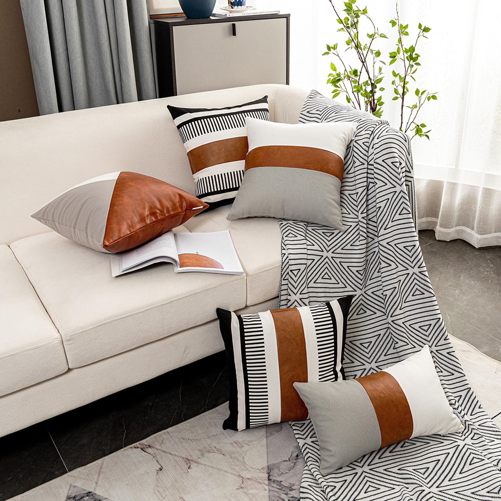Vfuty Set of 2 Striped Boho Throw Pillow Covers 16x16 inch, Modern Leather Pillow Cover for Couch Sofa Bed, Farmhouse Decor Patchwork Accent Pillowcase, Black