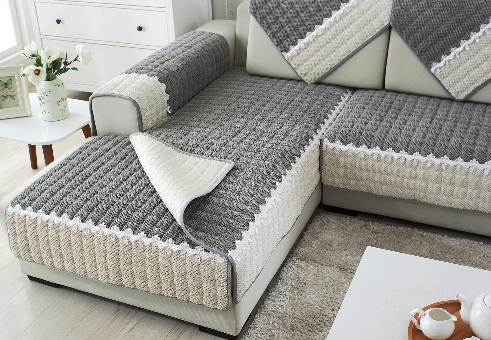 vctops Soft Corduroy Sofa Couch Cover, Plaid Sectional Couch Covers, Non-Slip Sofa Slipcover for Dogs Cats Kids(Light Grey,28"x28")