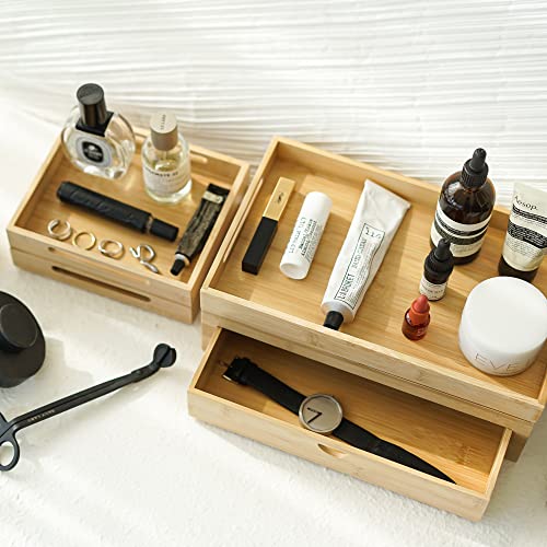 Bamboo Bathroom Organizer Tray and Drawer, Varhomax Customizable Stackable Makeup Organizer 4-Pcs Set 3 Trays and 1 Drawer, Small Desk Organizer Storage for Vanity Toiletries, Office Supplies