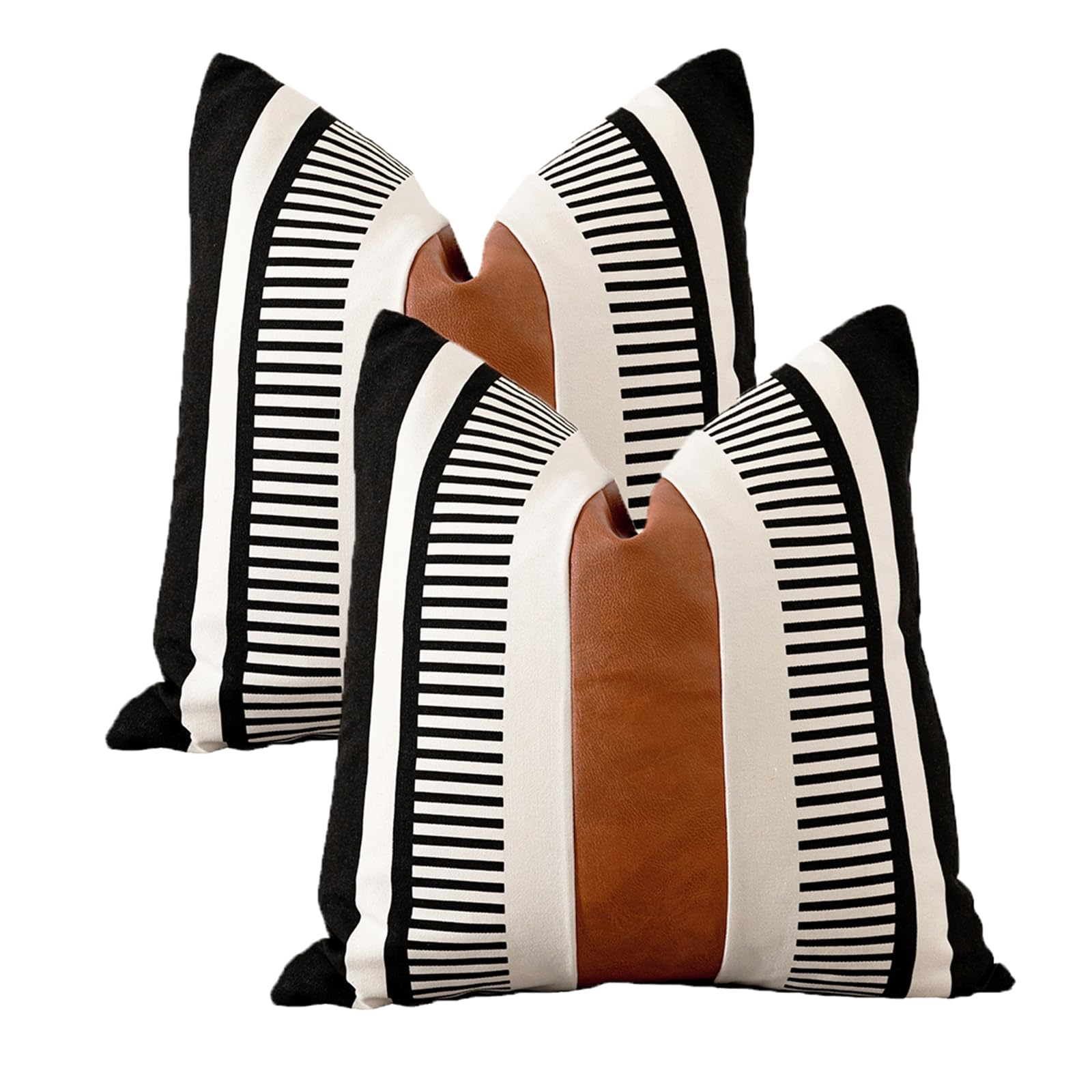 Vfuty Set of 2 Striped Boho Throw Pillow Covers 16x16 inch, Modern Leather Pillow Cover for Couch Sofa Bed, Farmhouse Decor Patchwork Accent Pillowcase, Black