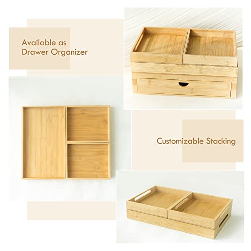 Bamboo Bathroom Organizer Tray and Drawer, Varhomax Customizable Stackable Makeup Organizer 4-Pcs Set 3 Trays and 1 Drawer, Small Desk Organizer Storage for Vanity Toiletries, Office Supplies