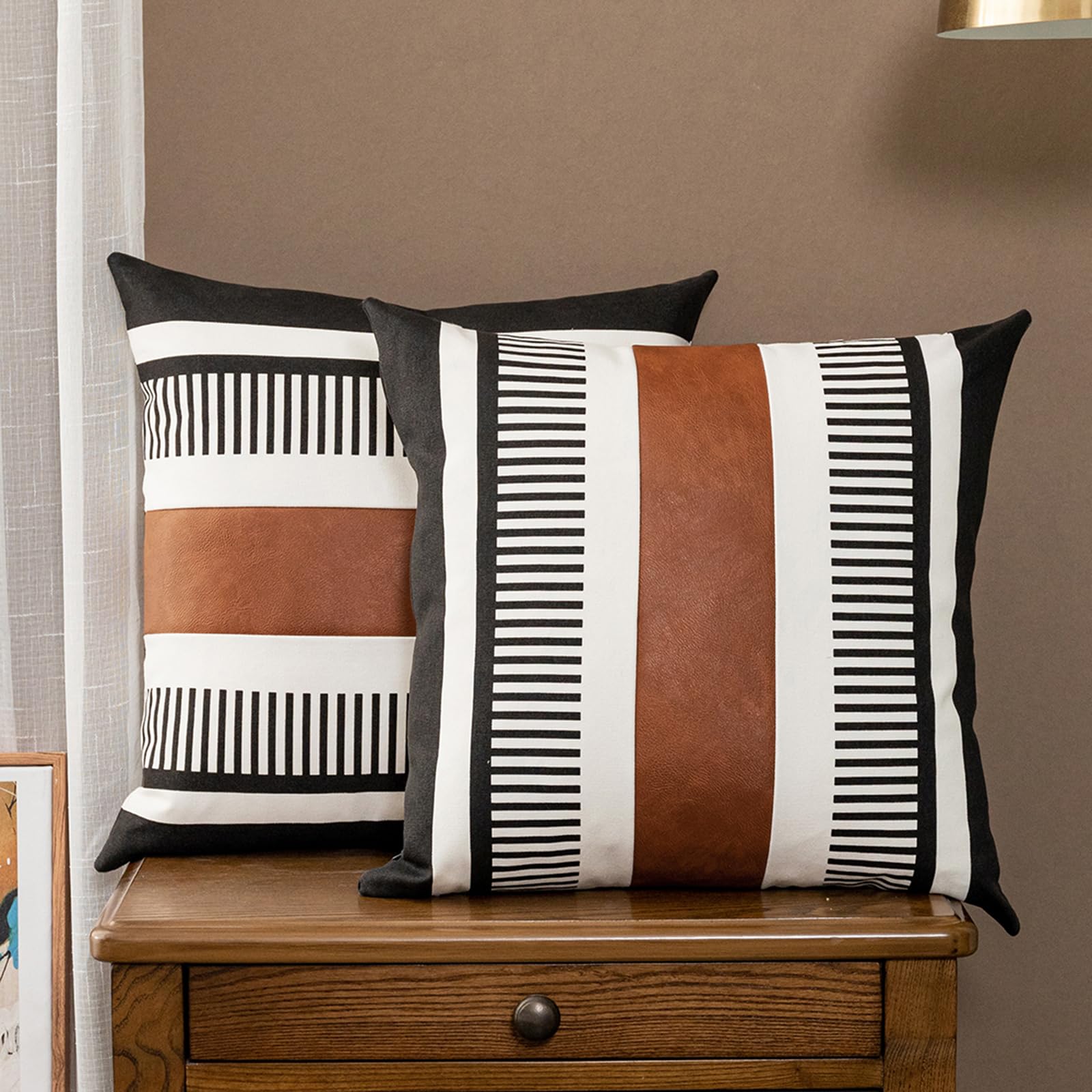 Vfuty Set of 2 Striped Boho Throw Pillow Covers 16x16 inch, Modern Leather Pillow Cover for Couch Sofa Bed, Farmhouse Decor Patchwork Accent Pillowcase, Black