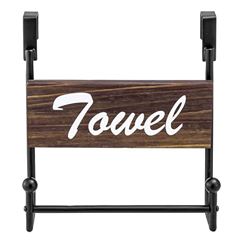MyGift Industrial Matte Black Metal Over Cabinet Door Hand Towel Bar Holder with Decorative Burnt Wood Cursive Towel Sign