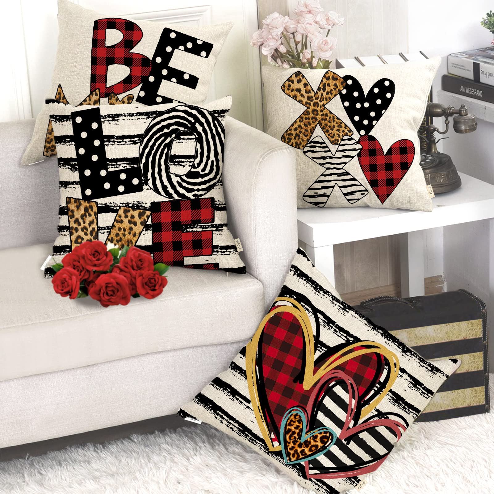 Fjfz Valentine's Day Decorative Throw Pillow Cover 18x18 Set of 4, Be Mine Love Leopard Red Buffalo Plaid Check Black Polka Dot Striped Anniversary Wedding Home Decor Farmhouse Cushion Case for Couch