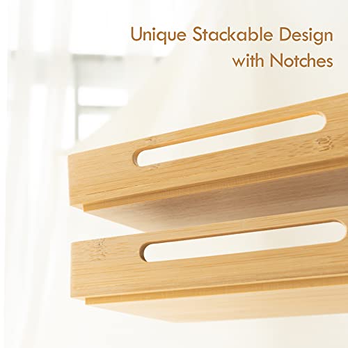 Bamboo Bathroom Organizer Tray and Drawer, Varhomax Customizable Stackable Makeup Organizer 4-Pcs Set 3 Trays and 1 Drawer, Small Desk Organizer Storage for Vanity Toiletries, Office Supplies