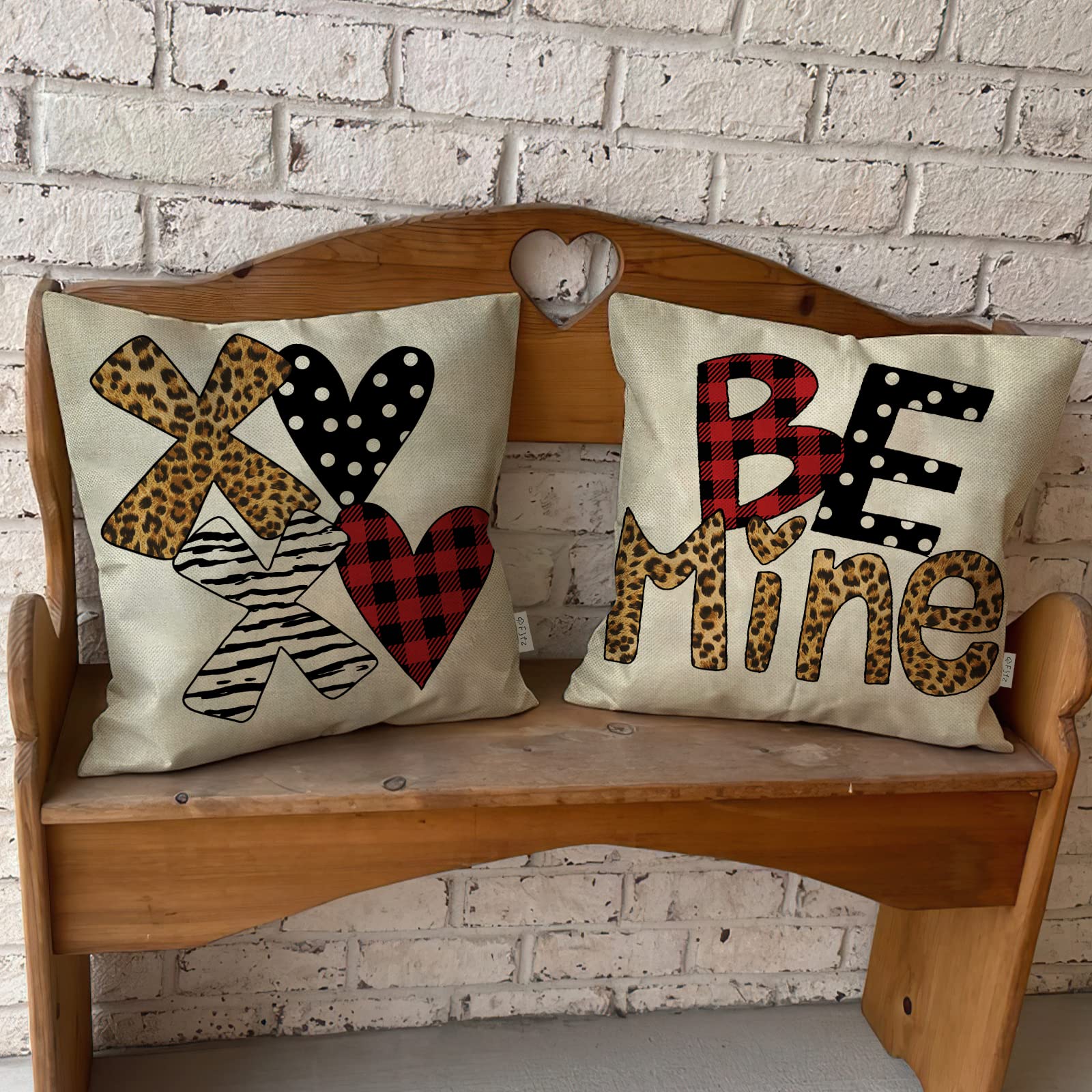 Fjfz Valentine's Day Decorative Throw Pillow Cover 18x18 Set of 4, Be Mine Love Leopard Red Buffalo Plaid Check Black Polka Dot Striped Anniversary Wedding Home Decor Farmhouse Cushion Case for Couch