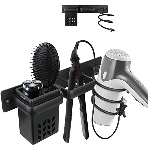 Hoteelee Hair Dryer Holder Wall Mounted,Bathroom Hair Tool Organizer for Blow Dryer Hair Straightener Bedroom Hanger Rack Aluminum Space Saving Storage Bracket with Plug Hook & Cup (Black)