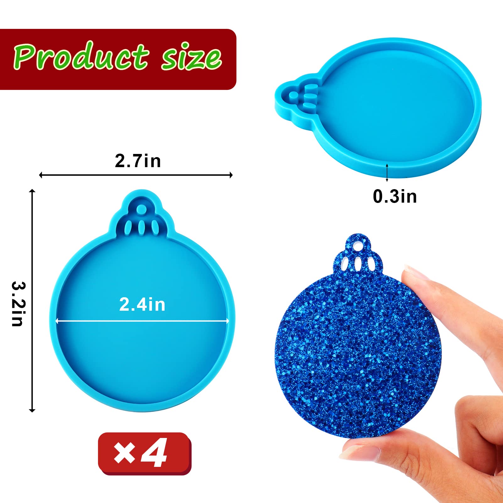 Juome Christmas Resin Molds Silicone, 4 Pcs Christmas Ornaments Round Shape Pendant Epoxy Resin Molds, DIY Crafts Jewelry Keychain Making Christmas Decorations
