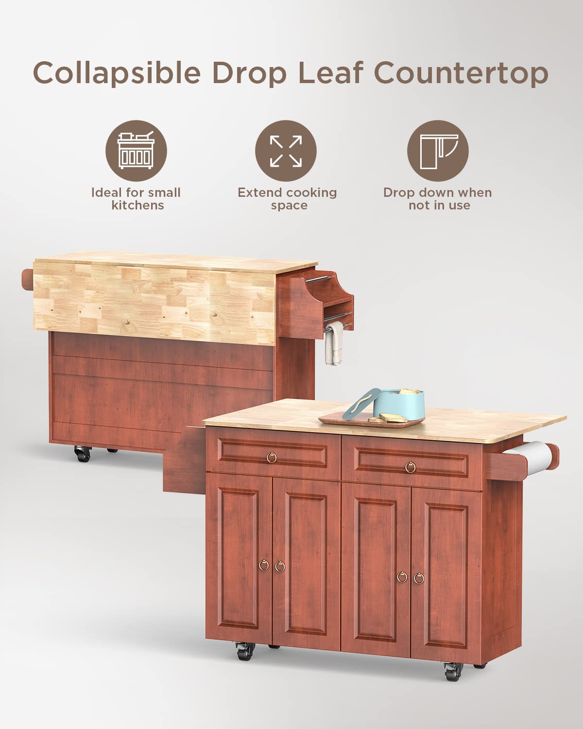 Qsun Kitchen Island with Drop Leaf Countertop, Wood Kitchen Island Cart on Lockable Wheels with Two Large Drawers and Two Large Storage Cabinet with Double Doors, Brown