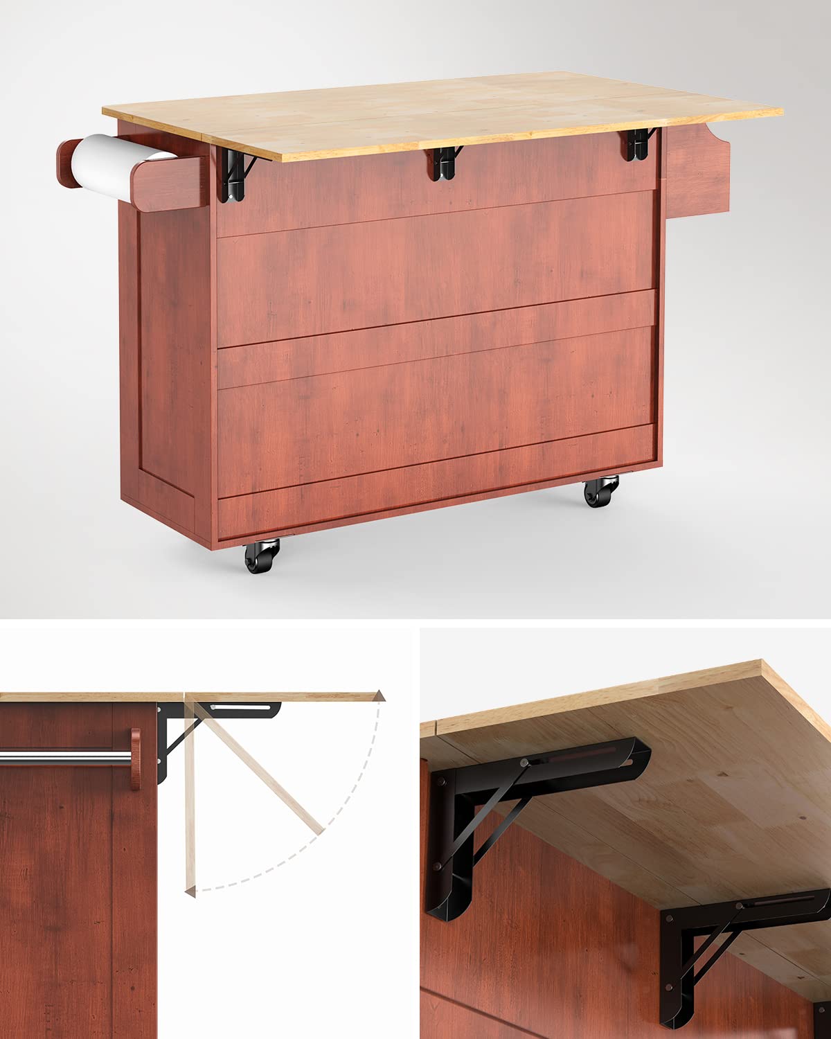 Qsun Kitchen Island with Drop Leaf Countertop, Wood Kitchen Island Cart on Lockable Wheels with Two Large Drawers and Two Large Storage Cabinet with Double Doors, Brown