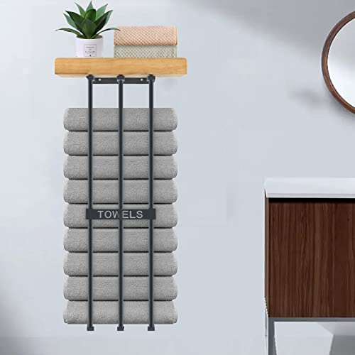 HTCBF Wall Towel Rack for Rolled Towels with Shelf,Upgrade 3 Bar Towel Racks for Bathroom Wall Mounted,Metal Towel Holders with Wooden Shelf,Bath Towel Holder for Folded Large Towel Washcloths