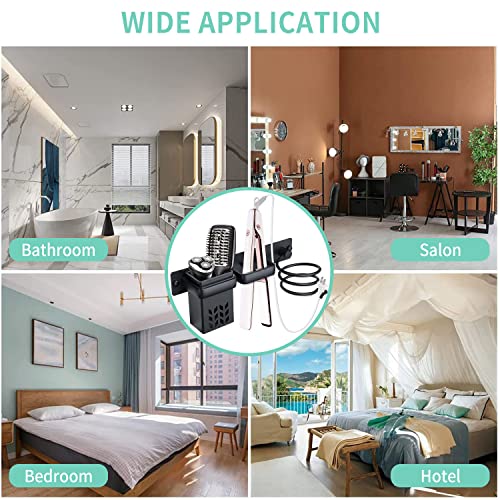 Hoteelee Hair Dryer Holder Wall Mounted,Bathroom Hair Tool Organizer for Blow Dryer Hair Straightener Bedroom Hanger Rack Aluminum Space Saving Storage Bracket with Plug Hook & Cup (Black)