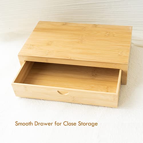 Bamboo Bathroom Organizer Tray and Drawer, Varhomax Customizable Stackable Makeup Organizer 4-Pcs Set 3 Trays and 1 Drawer, Small Desk Organizer Storage for Vanity Toiletries, Office Supplies