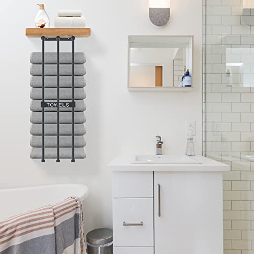 HTCBF Wall Towel Rack for Rolled Towels with Shelf,Upgrade 3 Bar Towel Racks for Bathroom Wall Mounted,Metal Towel Holders with Wooden Shelf,Bath Towel Holder for Folded Large Towel Washcloths