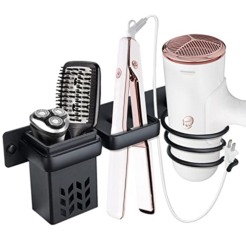 Hoteelee Hair Dryer Holder Wall Mounted,Bathroom Hair Tool Organizer for Blow Dryer Hair Straightener Bedroom Hanger Rack Aluminum Space Saving Storage Bracket with Plug Hook & Cup (Black)