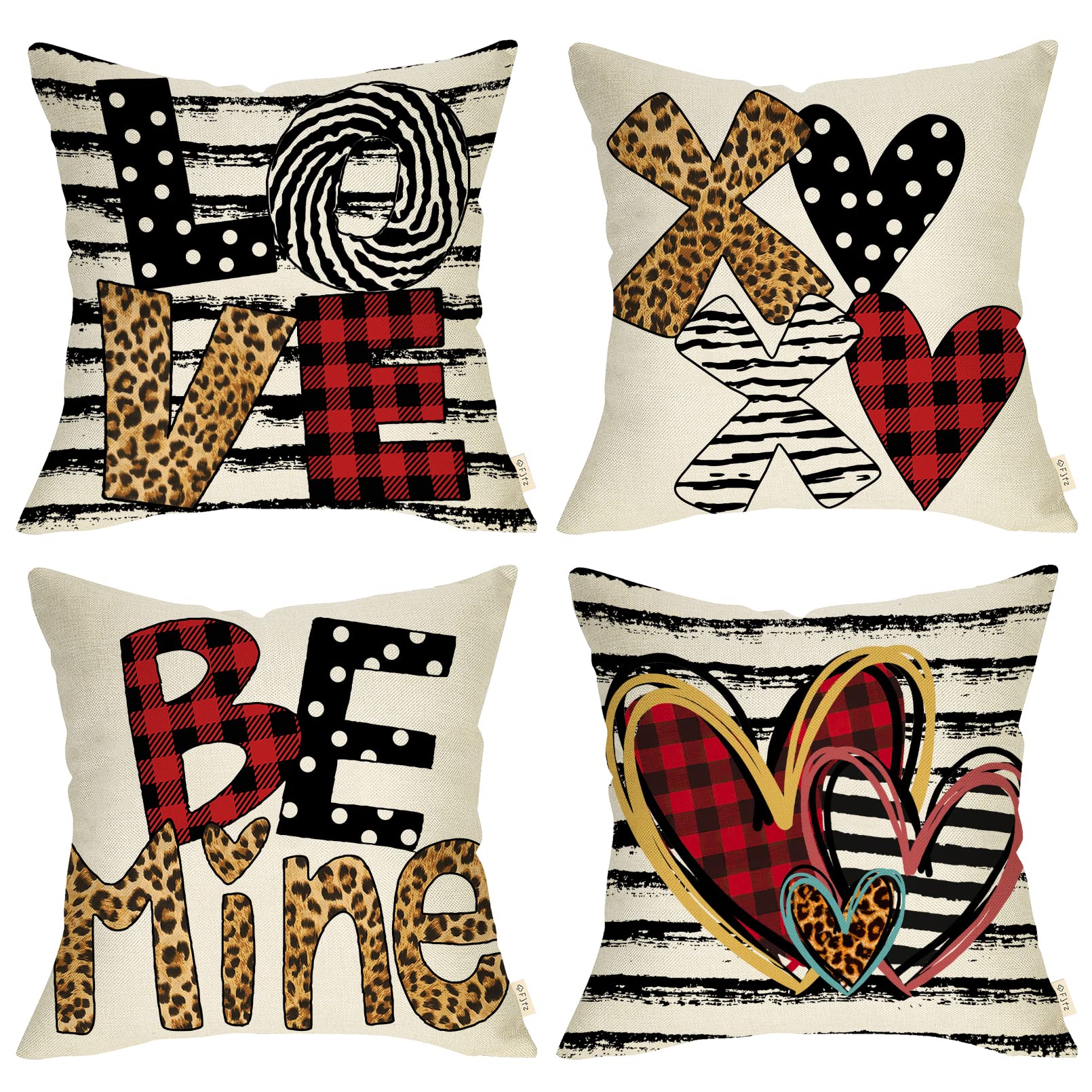 Fjfz Valentine's Day Decorative Throw Pillow Cover 18x18 Set of 4, Be Mine Love Leopard Red Buffalo Plaid Check Black Polka Dot Striped Anniversary Wedding Home Decor Farmhouse Cushion Case for Couch