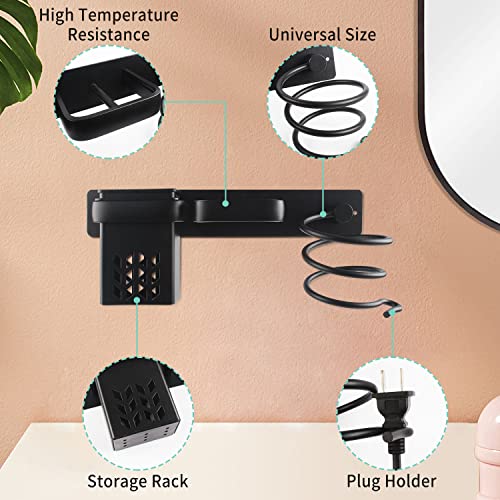Hoteelee Hair Dryer Holder Wall Mounted,Bathroom Hair Tool Organizer for Blow Dryer Hair Straightener Bedroom Hanger Rack Aluminum Space Saving Storage Bracket with Plug Hook & Cup (Black)