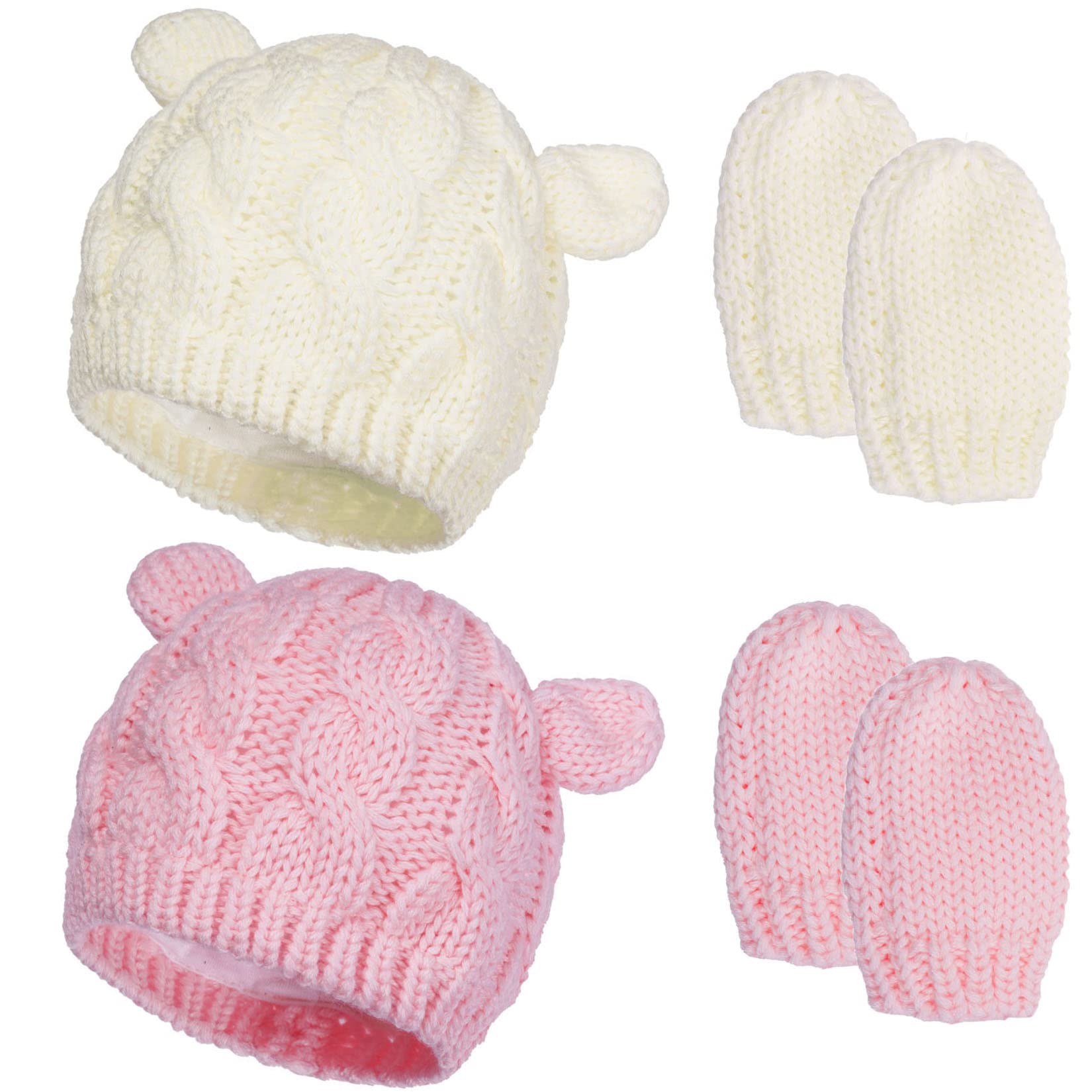 2 Set Newborn Winter Beanie Hats Gloves Kit for Baby Girls Boys Infant Toddler Warm Knitted Hats Glove Autumn Spring 3-6 Months (White & Pink)