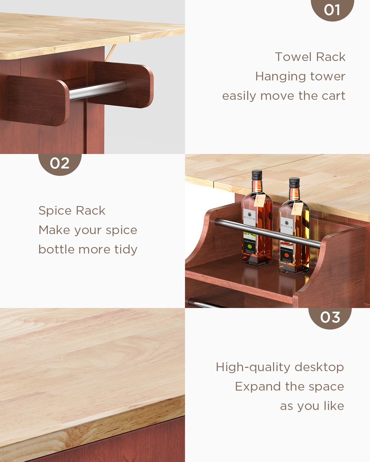 Qsun Kitchen Island with Drop Leaf Countertop, Wood Kitchen Island Cart on Lockable Wheels with Two Large Drawers and Two Large Storage Cabinet with Double Doors, Brown
