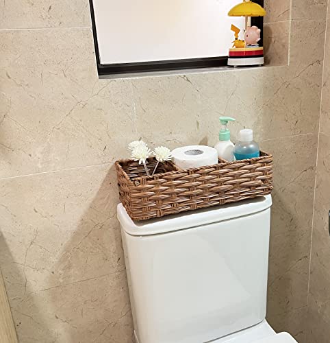 3 Section Toilet Paper Tray Basket, Toilet Tank Waterproof Storage Baskets, Rustic Farmhouse Bathroom Decor, Organizer for Bathroom, Wicker Organizer for Bathroom Home Washroom (Light Brown)