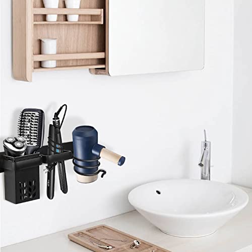 Hoteelee Hair Dryer Holder Wall Mounted,Bathroom Hair Tool Organizer for Blow Dryer Hair Straightener Bedroom Hanger Rack Aluminum Space Saving Storage Bracket with Plug Hook & Cup (Black)