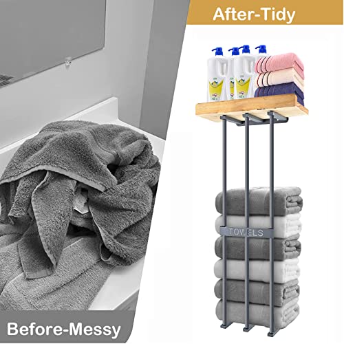 HTCBF Wall Towel Rack for Rolled Towels with Shelf,Upgrade 3 Bar Towel Racks for Bathroom Wall Mounted,Metal Towel Holders with Wooden Shelf,Bath Towel Holder for Folded Large Towel Washcloths