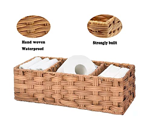 3 Section Toilet Paper Tray Basket, Toilet Tank Waterproof Storage Baskets, Rustic Farmhouse Bathroom Decor, Organizer for Bathroom, Wicker Organizer for Bathroom Home Washroom (Light Brown)