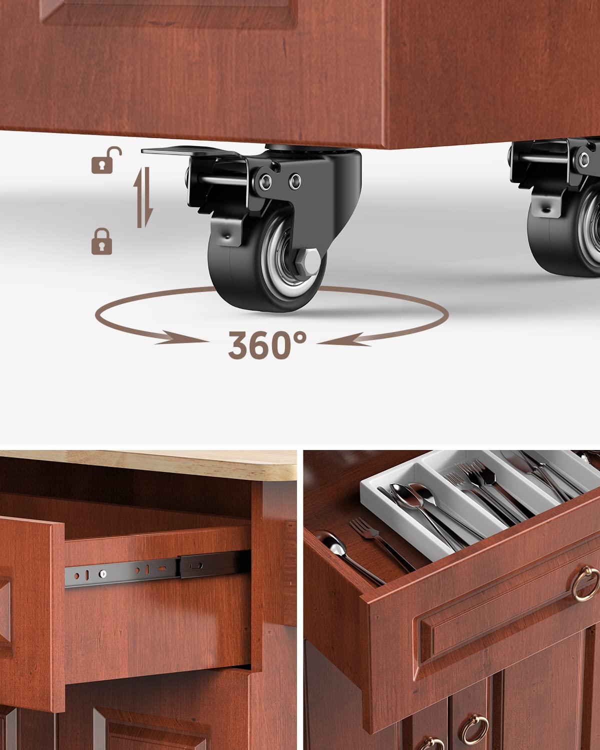 Qsun Kitchen Island with Drop Leaf Countertop, Wood Kitchen Island Cart on Lockable Wheels with Two Large Drawers and Two Large Storage Cabinet with Double Doors, Brown