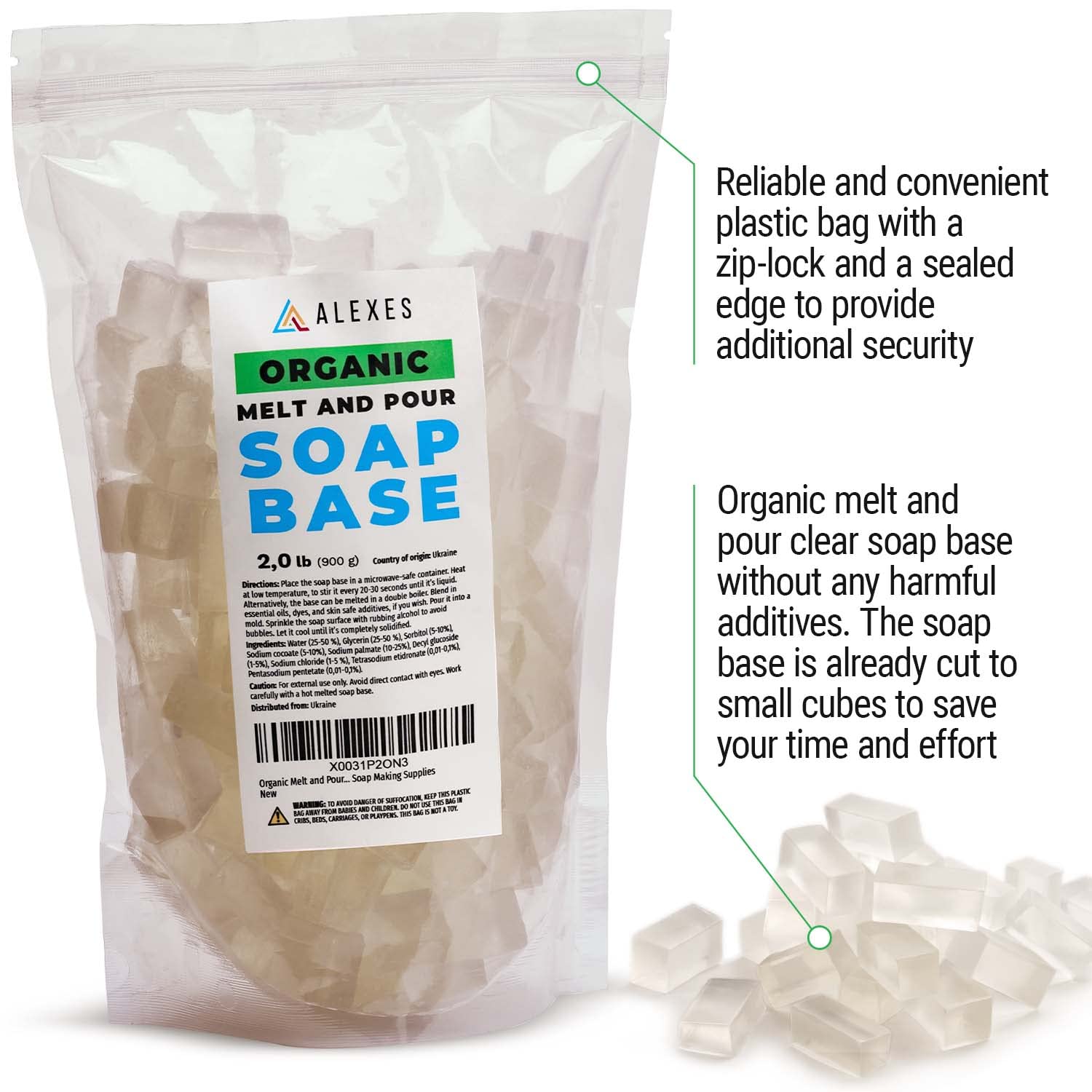 Organic Melt and Pour – ALEXES 2 lb Soap Base for Soap Making – Unscented – Soap Making Supplies