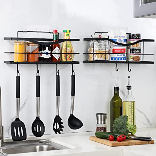 AOZITA 2 Pack, Large Adhesive Shower Caddy Shelves with 8 Hooks - Wall Hanging Bathroom Organizer Basket for Shower Room - Shower Racks for Inside Shower Storage - SUS304 Stainless Steel, Matte Black