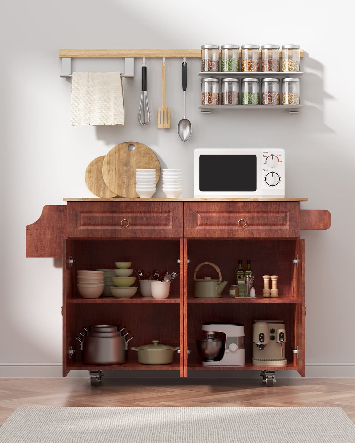 Qsun Kitchen Island with Drop Leaf Countertop, Wood Kitchen Island Cart on Lockable Wheels with Two Large Drawers and Two Large Storage Cabinet with Double Doors, Brown