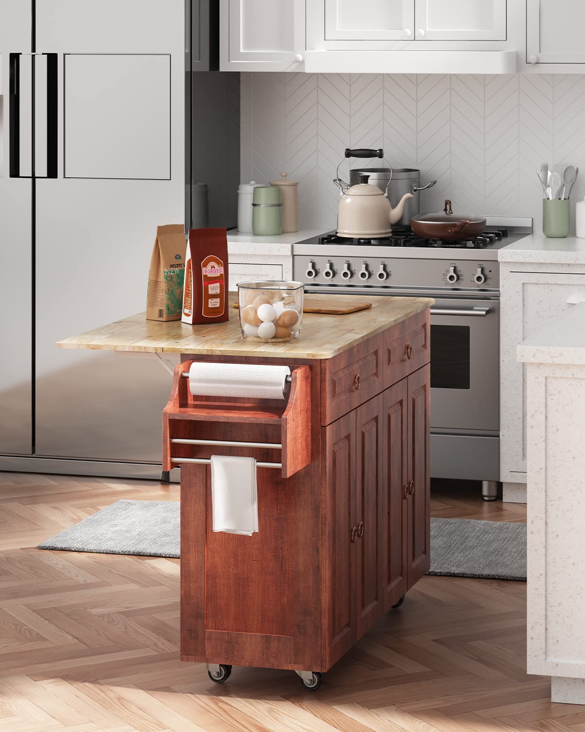 Qsun Kitchen Island with Drop Leaf Countertop, Wood Kitchen Island Cart on Lockable Wheels with Two Large Drawers and Two Large Storage Cabinet with Double Doors, Brown