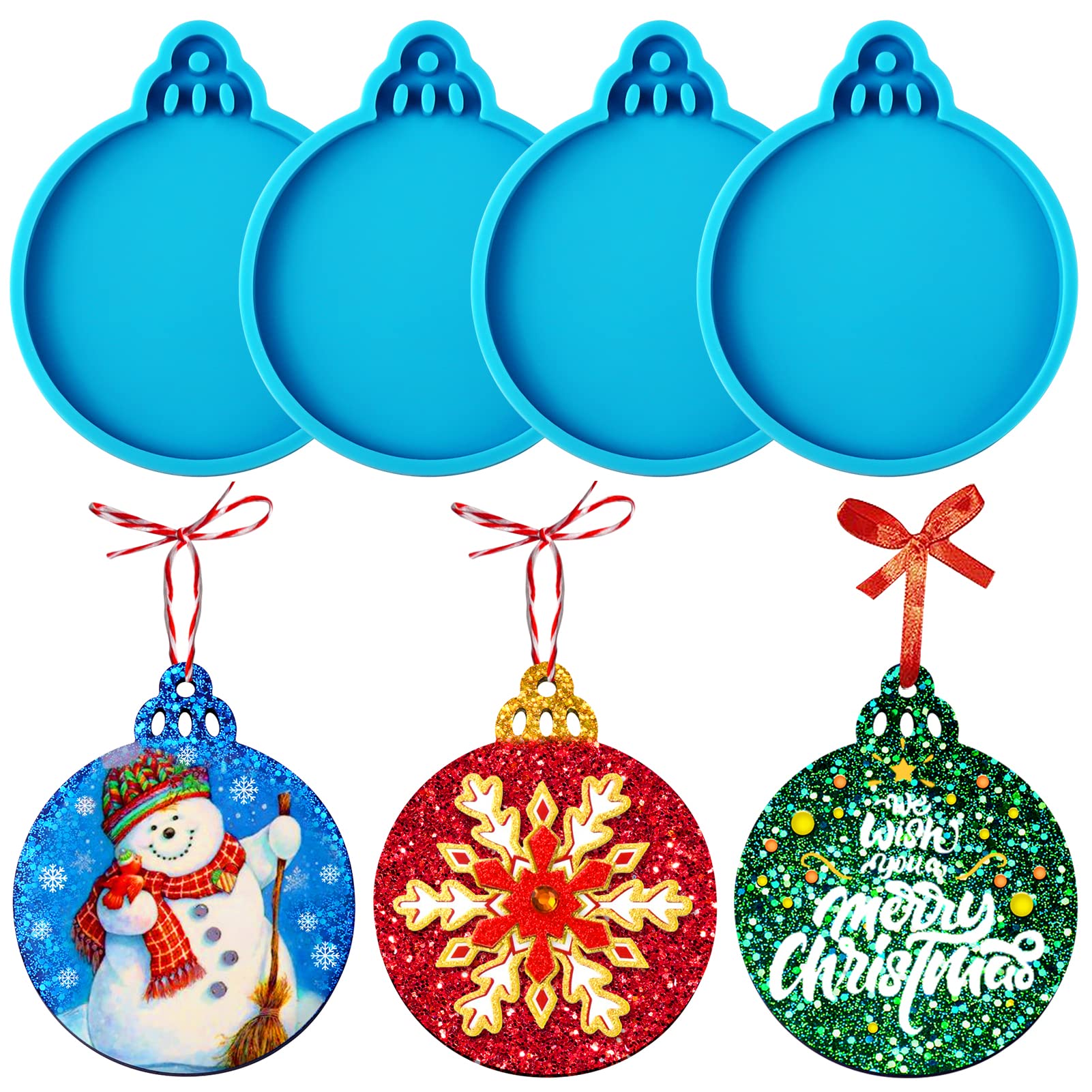 Juome Christmas Resin Molds Silicone, 4 Pcs Christmas Ornaments Round Shape Pendant Epoxy Resin Molds, DIY Crafts Jewelry Keychain Making Christmas Decorations