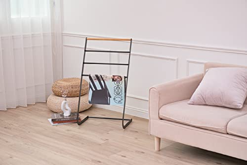 ikloo 32 Inch 4-Tier Freestanding Black Metal with Pine Wood Towel Rack for Bathroom with Hanging Bars, Laundry Room Drying Rack Organizer, Bathroom Storage Stand.