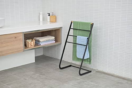 ikloo 32 Inch 4-Tier Freestanding Black Metal with Pine Wood Towel Rack for Bathroom with Hanging Bars, Laundry Room Drying Rack Organizer, Bathroom Storage Stand.
