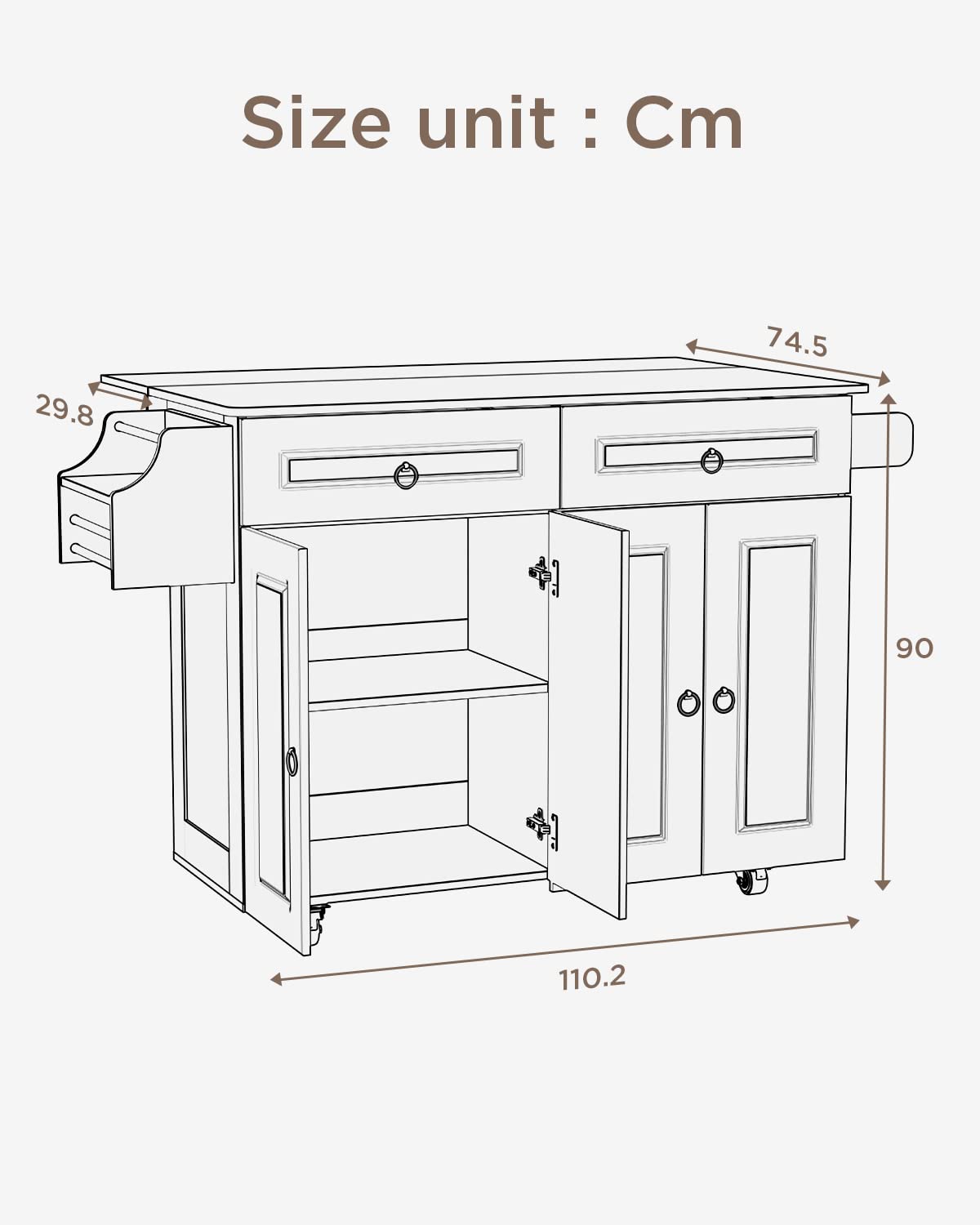 Qsun Kitchen Island with Drop Leaf Countertop, Wood Kitchen Island Cart on Lockable Wheels with Two Large Drawers and Two Large Storage Cabinet with Double Doors, Brown