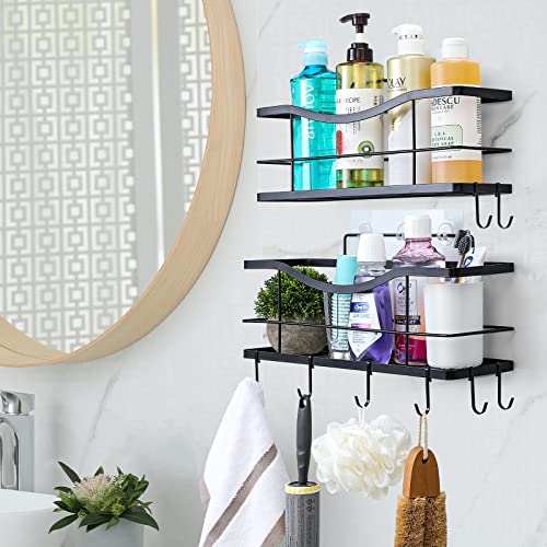 AOZITA 2 Pack, Large Adhesive Shower Caddy Shelves with 8 Hooks - Wall Hanging Bathroom Organizer Basket for Shower Room - Shower Racks for Inside Shower Storage - SUS304 Stainless Steel, Matte Black