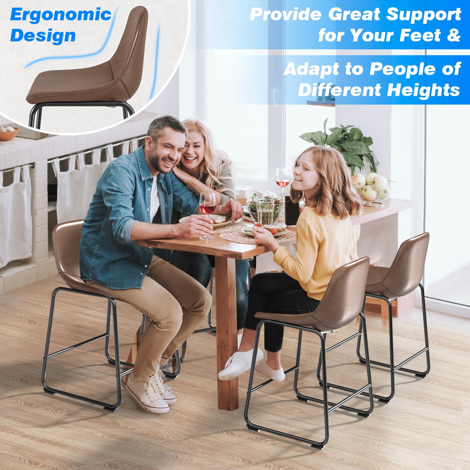 Rfiver Pu Faux Leather Bar Stools Set of 2, Industrial Pub Barstools with Back and Footrest, Modern Armless Bar Height Stool Chairs (Brown, 24" Counter Chair x2)