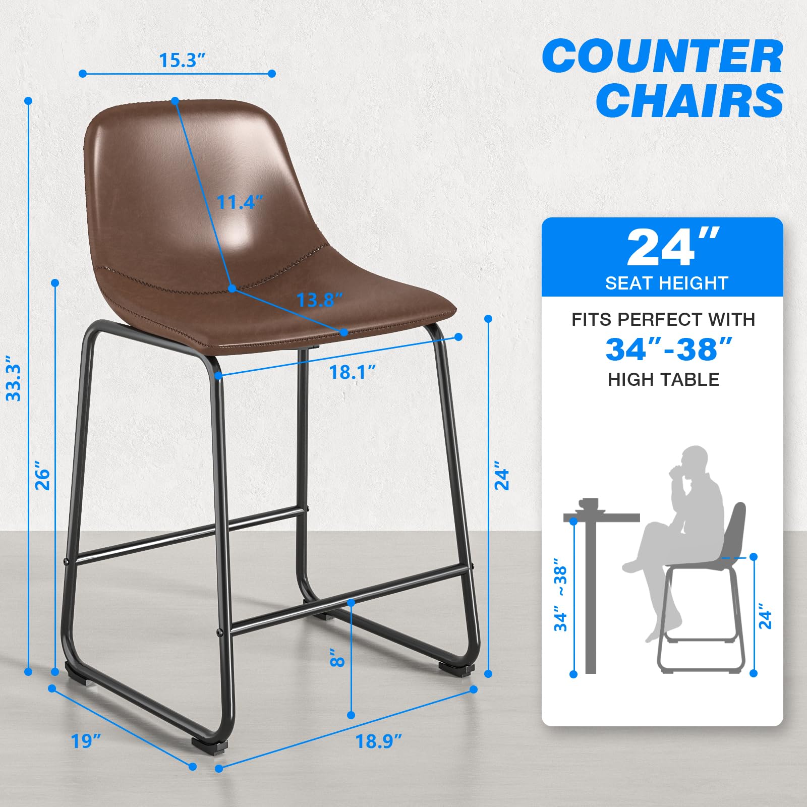 Rfiver Pu Faux Leather Bar Stools Set of 2, Industrial Pub Barstools with Back and Footrest, Modern Armless Bar Height Stool Chairs (Brown, 24" Counter Chair x2)