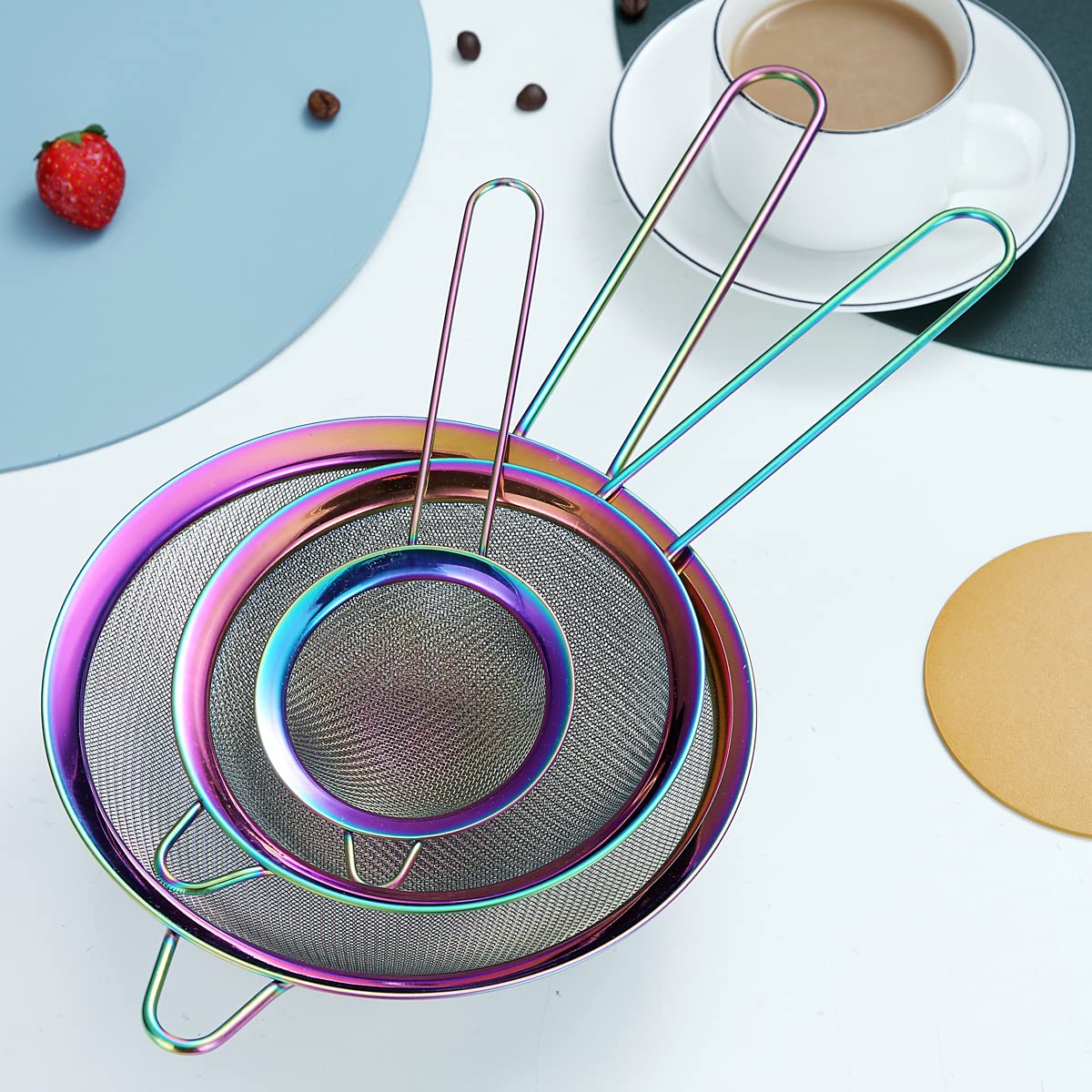 Kyraton Rainbow Fine Mesh Strainer 3 Pieces Set, Copper Flour Sifter For Baking, Stainless Steel Clander, Matcha Tea Strainer, Gravy Separator, Stasher Sieve Pasta Strainers