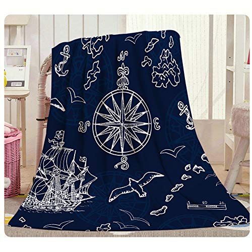 HGOD DESIGNS Pirate Adventures Throw Blanket,Marine and Nautical Elements Old Ships Compass Treasure Islands On Blue Soft Warm Decorative Throw Blanket for Bed Chair Couch Sofa 30"X40"