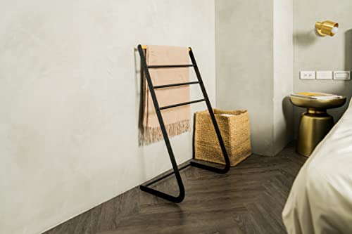 ikloo 32 Inch 4-Tier Freestanding Black Metal with Pine Wood Towel Rack for Bathroom with Hanging Bars, Laundry Room Drying Rack Organizer, Bathroom Storage Stand.