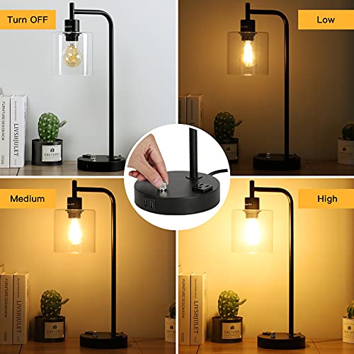 Upgraded Table Lamp, Fully Stepless Dimmable Desk Lamp with 2 USB Charging Ports and 2 AC Power Outlets, Modern Bedside Lamp with Glass Shade for Bedroom, Living Room, Office (Bulb Included)