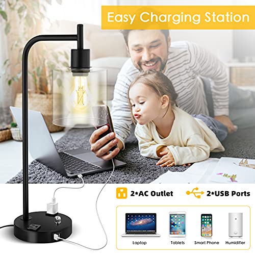 Upgraded Table Lamp, Fully Stepless Dimmable Desk Lamp with 2 USB Charging Ports and 2 AC Power Outlets, Modern Bedside Lamp with Glass Shade for Bedroom, Living Room, Office (Bulb Included)