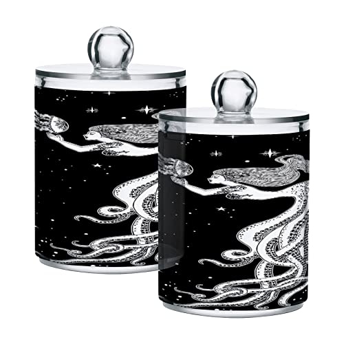 Blueangle 2 Pack Mermaid Octopus Qtip Holder Dispenser for Cotton Ball, Cotton Swab - Plastic Apothecary Jar Set for Bathroom Canister Storage Organization（1151）